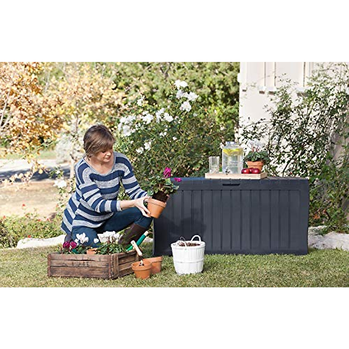 Keter Marvel Plus 71 Gallon Resin Outdoor Box for Patio Furniture Cushion Storage, Grey