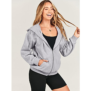 Caracilia Womens Zip Up Hoodies Oversized Long Sleeve Sweatshirts Y2K Hoodie for Teen Girls 2024 Fall Jacket Preppy Clothes Light Grey Large