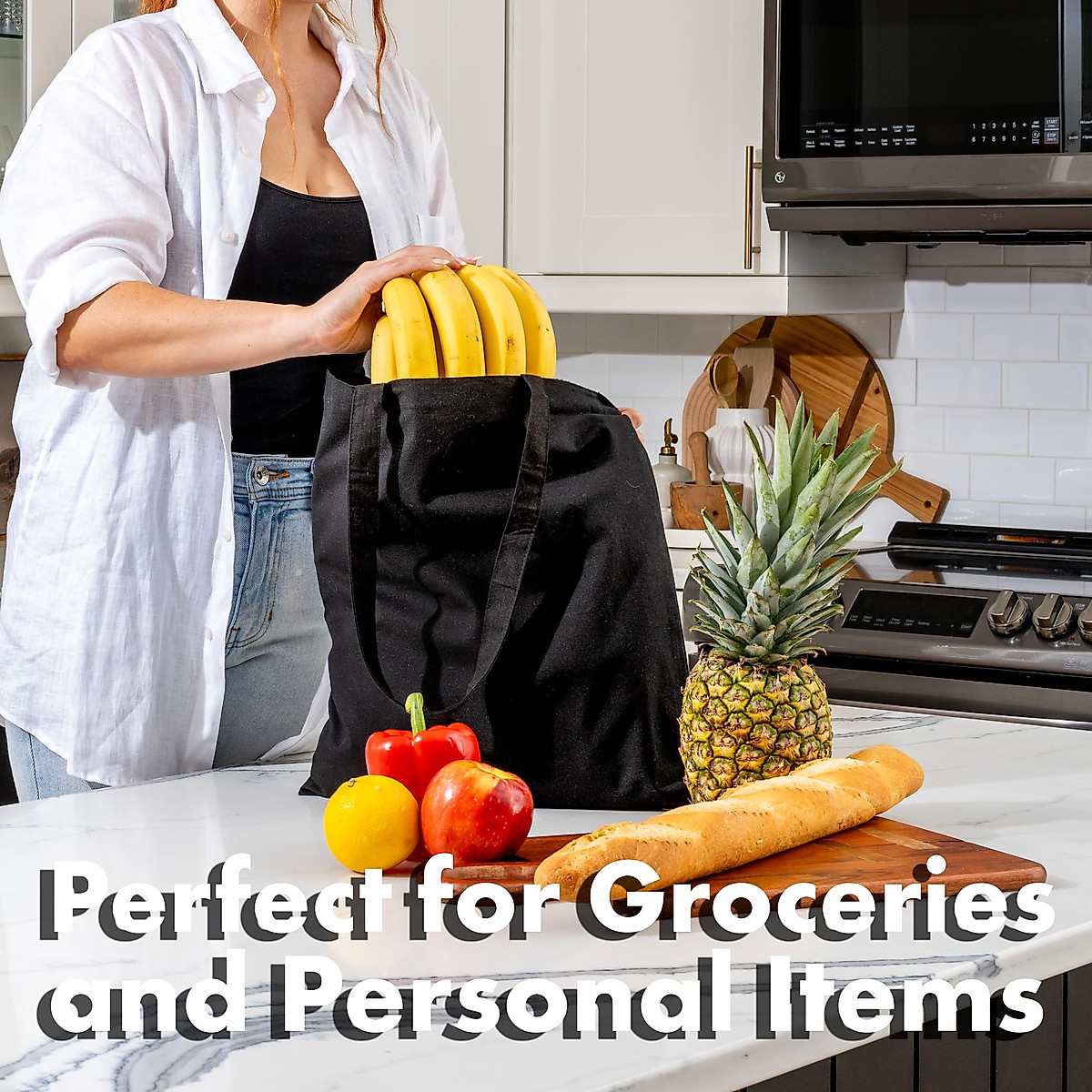 Carrywell (Not Made In China) Bulk Cotton Canvas Tote Bags, Lightweight Reusable Cloth Shopping Bag For Groceries, Promotions and Advertising, Blank Organic Cotton (1 Pack, Black)