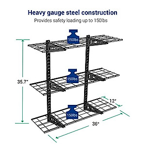 Fleximounts 3-Tier 1x3ft Garage Storage Wall Shelving 12-inch-by-36-inch per shelf Height adjustable Floating Shelves (Black)