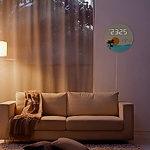 DMDMBSR USB Plug in Digital Wall Clock, Sunset Ocean Wave Design, 12/24Hr Wall Mounted Digital Clock, LED Wooden Silent Wall Clock for Living Room Bedroom Classroom Office (10In Off White)