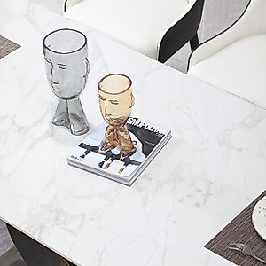 Voohek White+Black 7-Piece Modern Dining Room Set, with 6 Upholstered Chairs, Table w/Round Special Shaped Carbon Steel Pedestal Base, Family Furniture for Home, Kitchen, Carrara