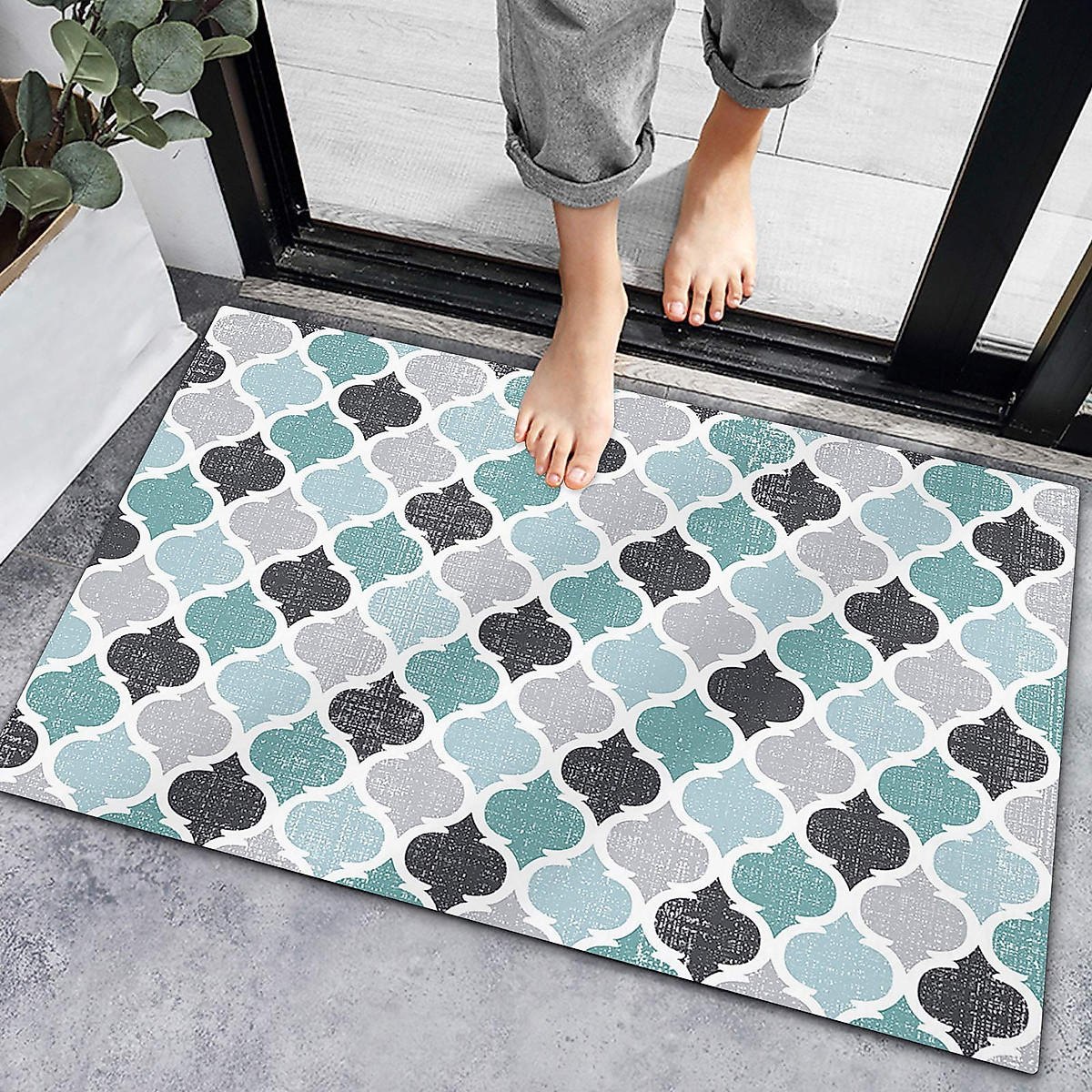 Morocco Diamond Plaid Teal Brown Retro Pattern Bathroom Rugs Non Slip Bath Mat,Washable Bath Rugs Absorbent Soft Microfiber Memory Foam Carpet for Bath Tub Shower 18x30Inch