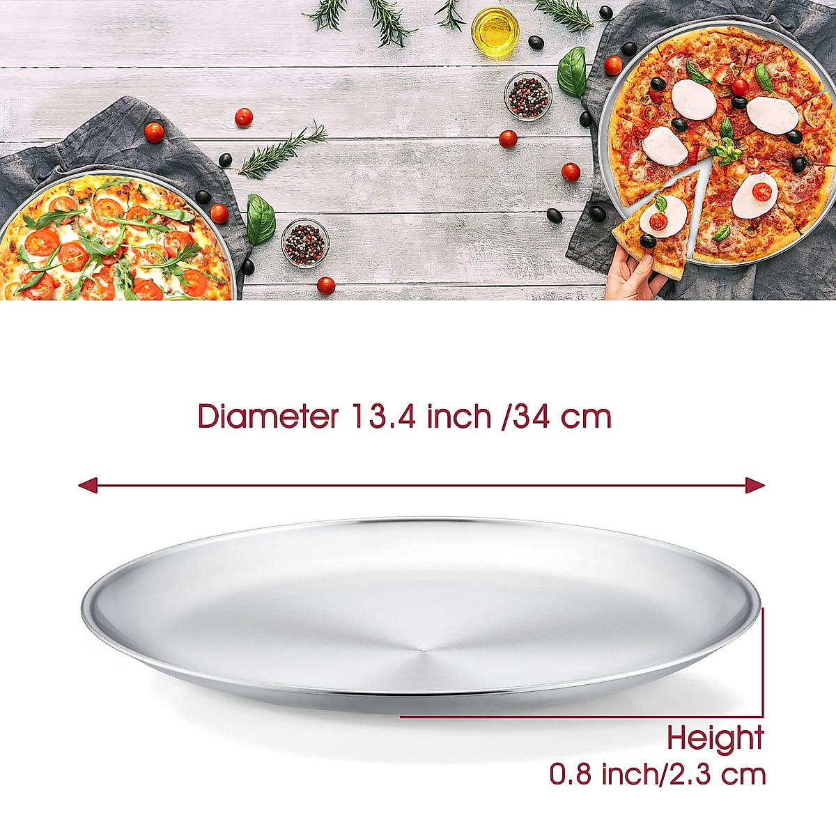 Herogo 13.5 Inch Stainless Steel Round Pizza Pan Set of 2, Large Healthy Pizza Tray Platter for Oven Baking Serving, Dishwasher Safe