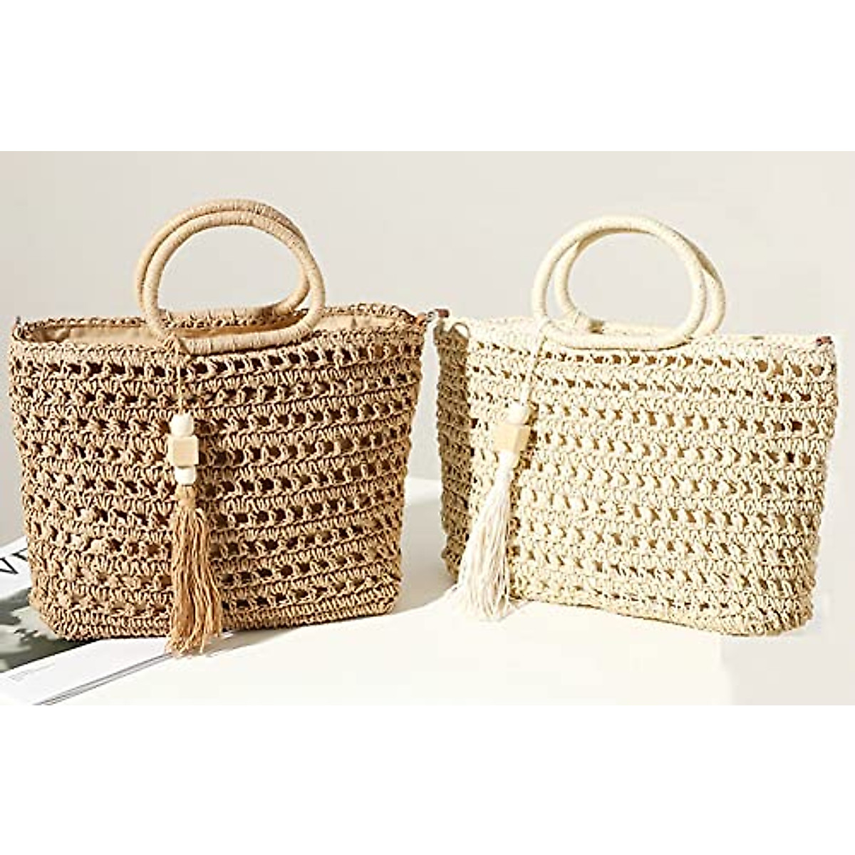 Straw Woven Handbag for Women Lightweight Casual Straw Crossbody Bag Purse Handmade Straw Tote with Tassel