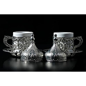 Küchengeräte Turkish Greek Arabic Moroccan Coffee Cup - Set of 2 - Espresso Cup with Inner Porcelain Metal Holder Plate and Lid - 2 Cups Consists of 8 Pcs - Best Gift Idea