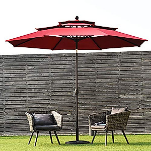 Tangkula 10 Ft 3 Tier Patio Umbrella, Outdoor Umbrella W/Double Vented, Market Table Tilt Umbrella with Crank, Outdoor Aluminum Umbrella for Market, Backyard, Pool, Garden (Burgundy)