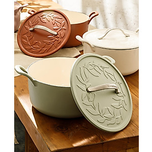 Bloomhouse 7 Qt Cast Iron Dutch Oven W/Embossed Lid, European Enamel, & Olive Wood Trivet - Matte Sage