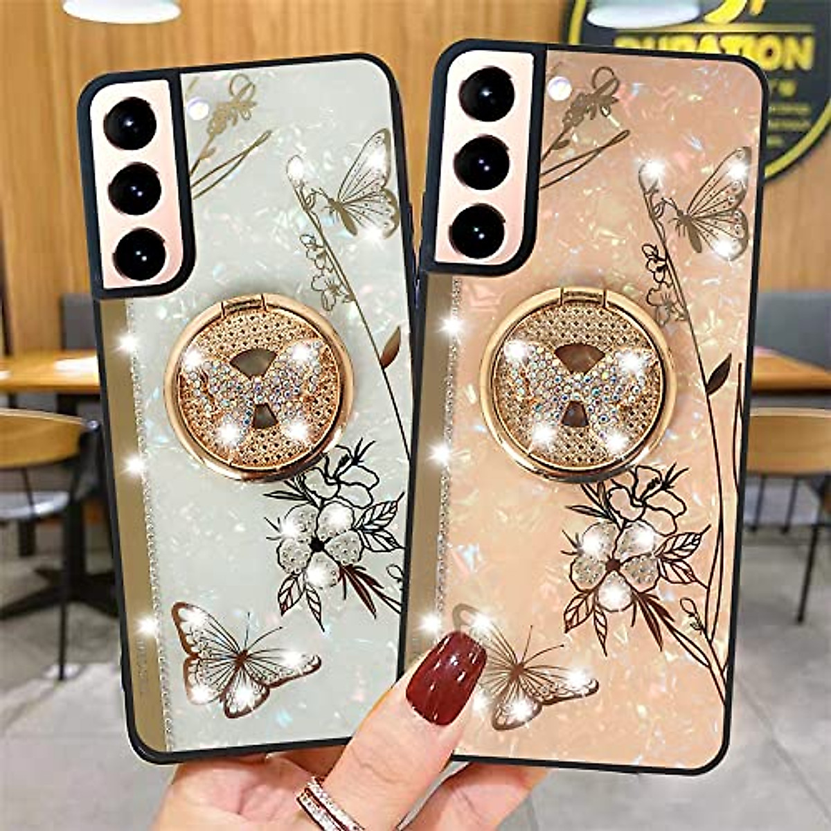 for Samsung Galaxy S22 Case for Women with Ring Stand,Luxury Bling Diamond Pearl Hard Back Cute Butterfly Flower Design,Soft Rugged TPU Bumper Gold Plating Mirror Strip Phone Cover for S22 Pink