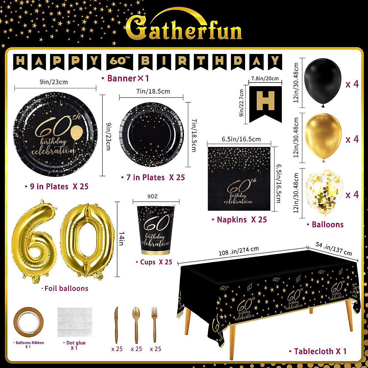 Gatherfun 60th Birthday Party Supplies Disposable Paper Plates Napkins Cups Knives Spoons Forks Tablecloth Banner Number 60 Balloons for Men Woman Black and Gold 60 Birthday Party Decorations Serve 25