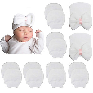 BQUBO Newborn Baby Caps Mittens for Baby Girls Set Hospital Hat Beanie Infant Hats with bow Baby Scratch Mitten Gloves