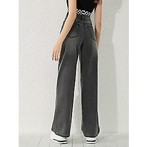 SweatyRocks Girl's High Waisted Solid Straight Leg Jeans Casual Loose Denim Pants Dark Grey 12-13Y