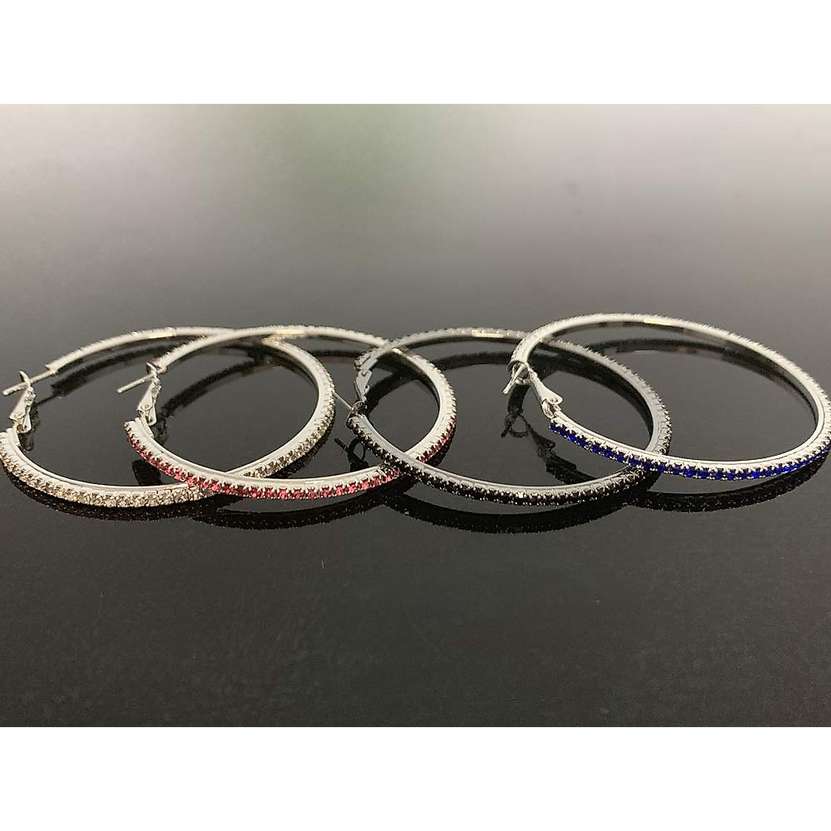 Silver Plated Women Hoop Earrings Bridal Wedding Black White Pink Crystal Rhinestone EarBrings (Black)