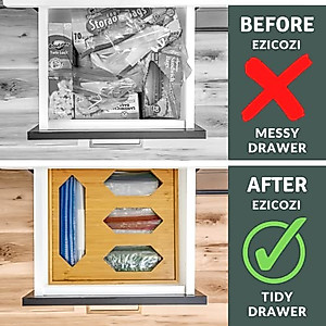 EZICOZI Durable Storage Solution with Kitchen Drawer Organizer - Durable Bamboo Material, 4 Storage Compartments, For Ziplock Gallon, Snack, Sandwich, and Quart Bags, Complete with Label Stickers