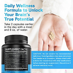 12-in-1 Nootropic Brain Supplement Anhydrous: Ginkgo Biloba for Brain Support, Memory and Focus - B12, Alpha GPC, L Theanine and Choline Supplements with Bioperine non Caffeinated 1321mg (120ct)