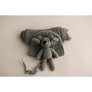 Newborn Photography Props with Baby Wrap - Long Ripple Stretch Wrap with Crochet Beanie Hat and Knitted Teddy Bear - Complete 3 Piece Outfit Set to Swaddle Infant for Boys or Girls Photoshoot Session