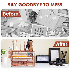 Barelove Rose Gold Desk Organizer with Pen Holder, 4-Trays Mesh Paper Letter File Sorter with 5 Upright Document Rack & Drawer, Desktop Metal Storage Magazine Folder for Home Office School Supplies