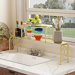 HOMEFORT Scroll Over The Sink Shelf Kitchen, Metal 2-Tier Storage Rack for Kitchen Accessories, Multi-Purpose Shelf for Top of Sink,36.02" W x6.10 D x15.74 H