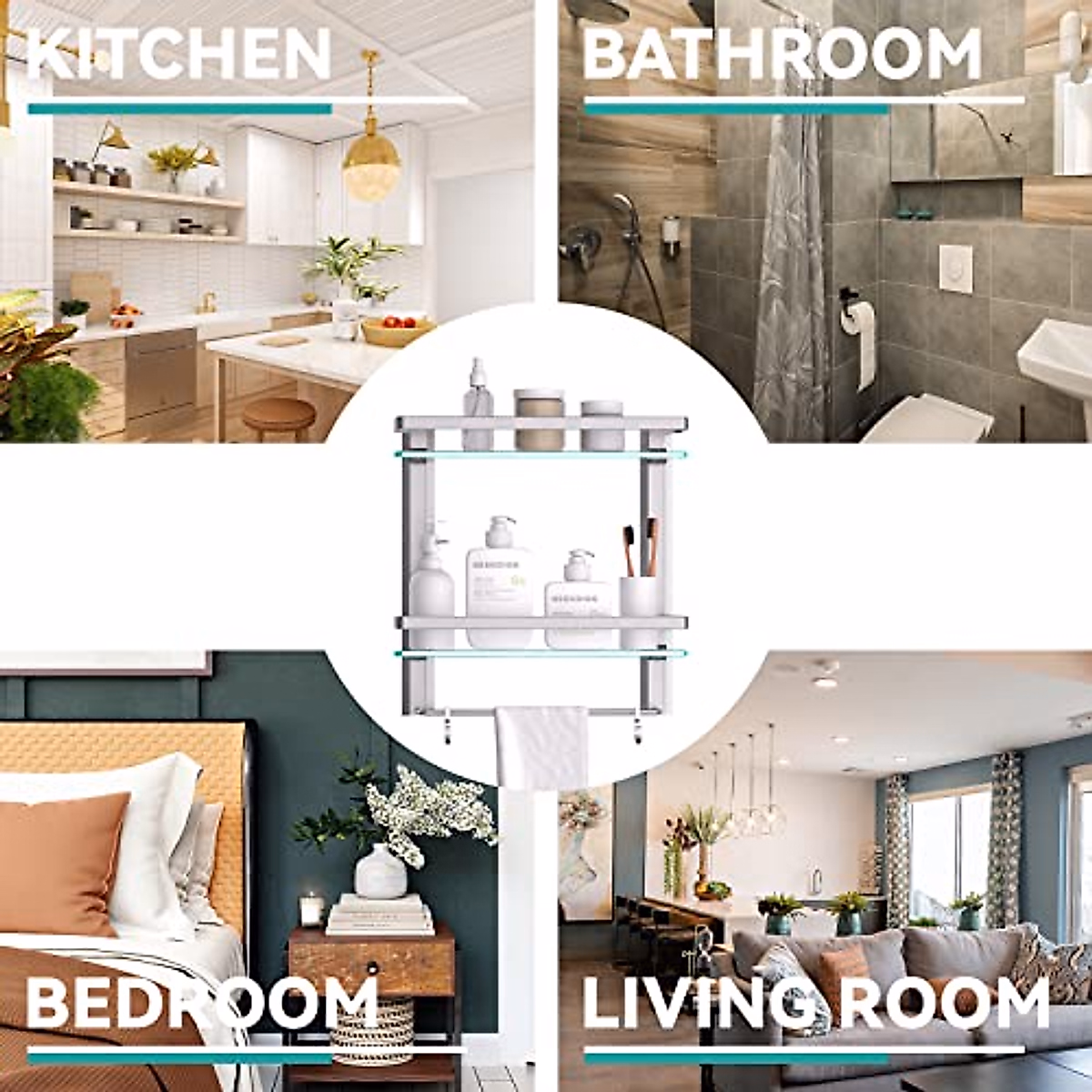 GeekDigg bathroom glass shelf with towel bar, 2 tier wall mounted tempered glass shower storage organizer with 8MM extra thick, 15.2 by 5 inches - Not Brushed Nickel