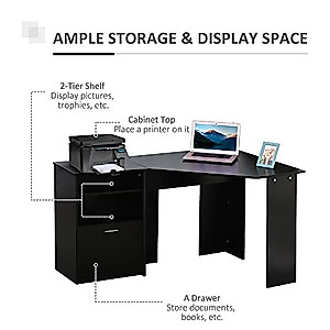 HOMCOM Computer Desk with Printer Cabinet, L-Shaped Corner Desk with Storage, Study PC Workstation for Home Office, Black