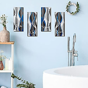 Qunclay Set of 4 Blue and Black Striped Bathroom Wall Art Grey and White Relax Soak Unwind Breathe Wall Art Farmhouse Rustic Wood Bathroom Wall Decor Hanging Modern Wooden Printed Sign, 11 x 4 Inch