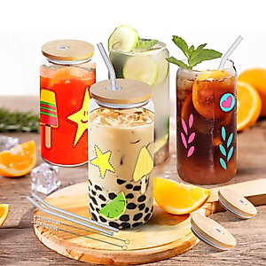 Vozoka Beer Glass Cups with Bamboo Lids and Glass Straw, 6 Set 16 Oz Ice Coffee Glasses, Tumbler Glass Cup, Drinking Glasses Set for Coffee Whiskey Cocktail