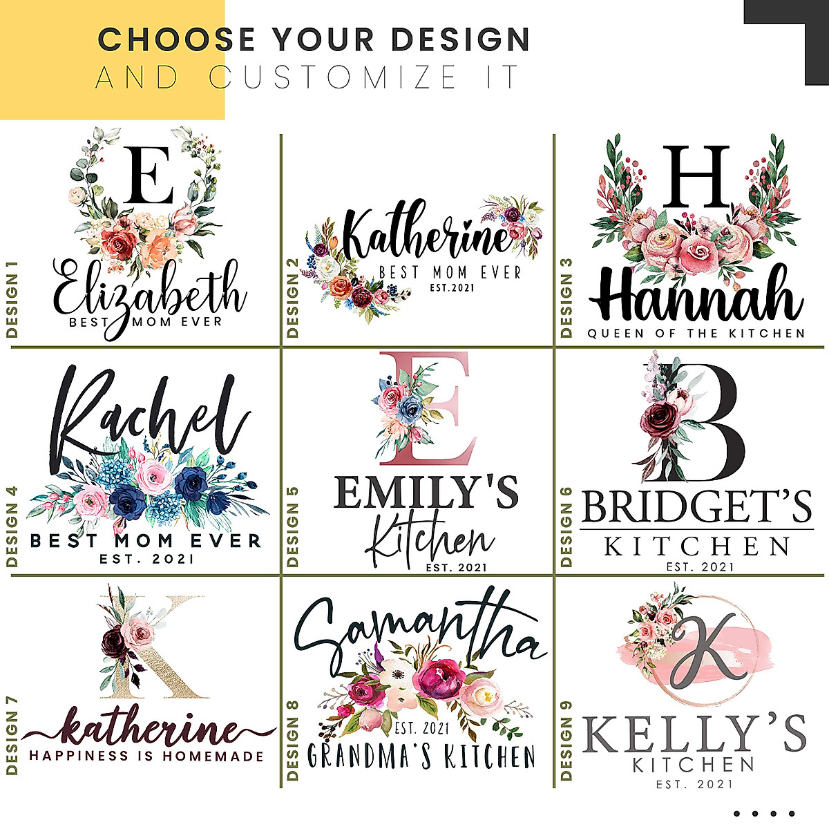 Personalized Kitchen Apron Initial Name Flowers Design - Customized Woman Man White Aprons Gift for Chef Cooking BBQ Grill Baking White Aprons - Gifts for Women Men - Unisex Cotton, Add Your Text -C02