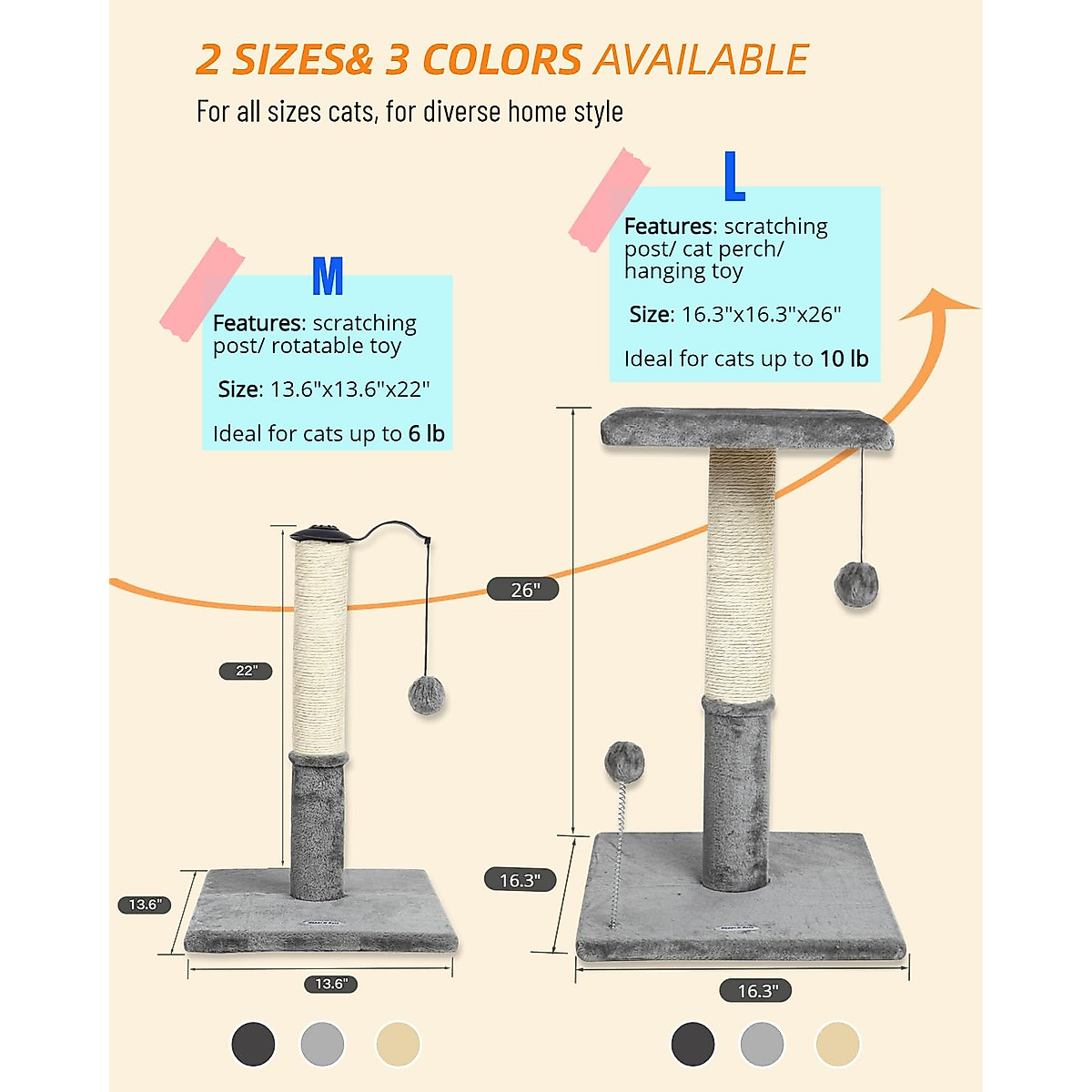 Happi N Pets 22" Cat Scratching Posts for Indoor Cats, Carpet Cat Scratch Post, Sisal Cat Scratcher, Cat Post with Rotatable Hanging Balls & Stable Base, Cat Scratchers for Kittens-Light Gray
