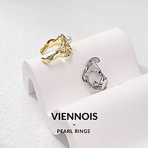 VIENNOIS Women Pearl Engagement Ring, 925 Sterling Silver Adjustable with 4mm White Freshwater Cultured Pearl Ring for Women Girls Gifts (gold)