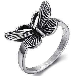 Jude Jewelers Stainless Steel Retro Vintage Butterfly Style Wedding Promise Statement Anniversary Ring (Silver, 8)