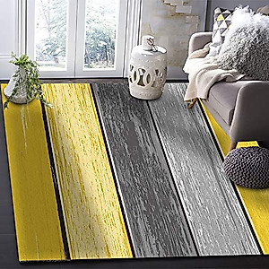 Yellow Grey Ombre Area Rugs for Living Room/Bedrooom, 4'x6' Area Rug Non-Slip, Farmhouse Wooden Striped Abstract Aesthetics Kids Room Area Rug Washable Accent Floor Carpet Runner Indoor Outdoor