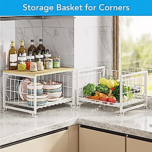 1Easylife Kitchen Counter Basket Wire Basket with Bamboo Top, 2 Tier Detachable Fruit Basket Metal Mesh Bin for Kitchen Organization and Storage, Spice Rack Organizer (White)