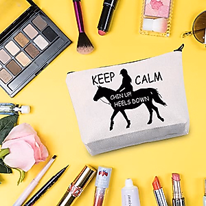 G2TUP Horse Lover Gift Keep Calm Chin Up Heels Down Makeup Bag Cowgirl Equestrian Rider Cosmetic Bag Horse Riding Gift Horse Zipper Travel Bag (Chin Up Heels Down White Bag)