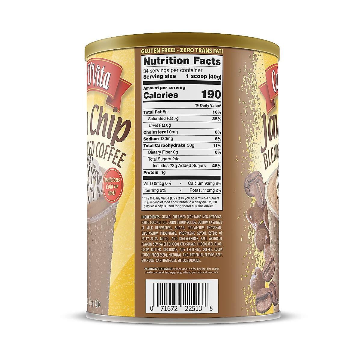 Caffe D'Vita Java Chip Latte Blended Ice Coffee - Java Chip Frappe Mix, Blended Iced Coffee Mix, Gluten Free, Low Fat, No Cholesterol, No Hydrogenated Oils, No Trans Fat, Kosher-Dairy - 3 Lb Can