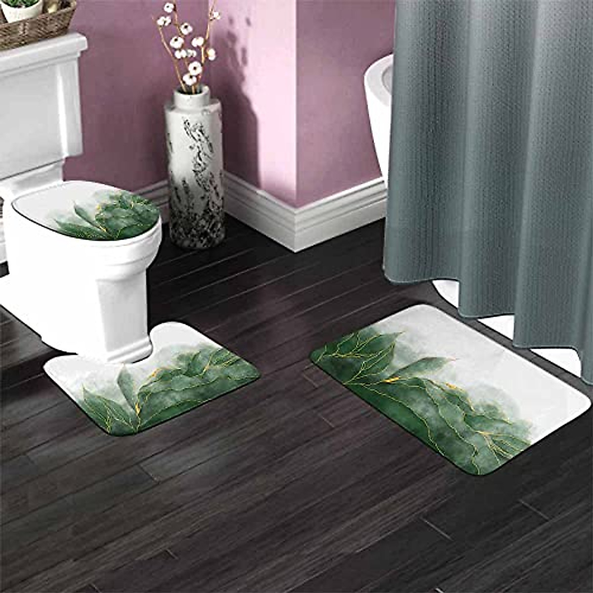 AOYEGO Liquid Green Marble Texture 3 Pieces Bathroom Rugs Set Fluid Art Luxury Golden Shiny Veins Non Slip 23.6X15.7 Inch Soft Absorbent Polyester for Tub Shower Toilet