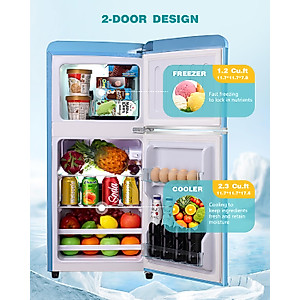 EUASOO FLS-80-Blue 3.5Cu.Ft Compact Refrigerator, Small Refrigerator with freezer, Retro Fridge with Dual Door, 7 Level Adjustable Thermostat for Garage, Dorm,Bedroom, Office