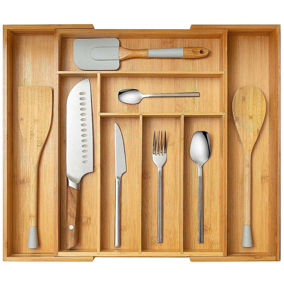 Bomba Bamboo Drawer Organizer – Premium Expandable Drawer Organizer for Cutlery and Kitchen Utensils – Natural Bamboo Wood Flatware and Cutlery Organizer – 8-Grid Silverware Tray for Drawer