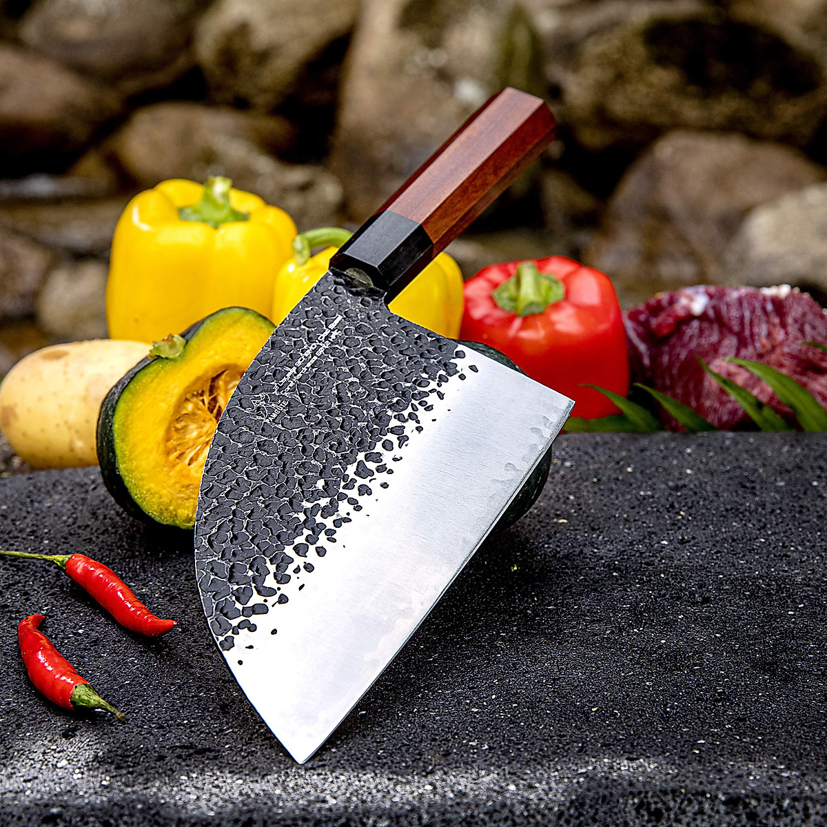 FAMCÜTE 6.5 inch Butcher Knife, 3 Layer 9CR18MOV Clad Steel w/octagon Handle Serbian Meat Cleaver Knife with Leather Knife Sheath