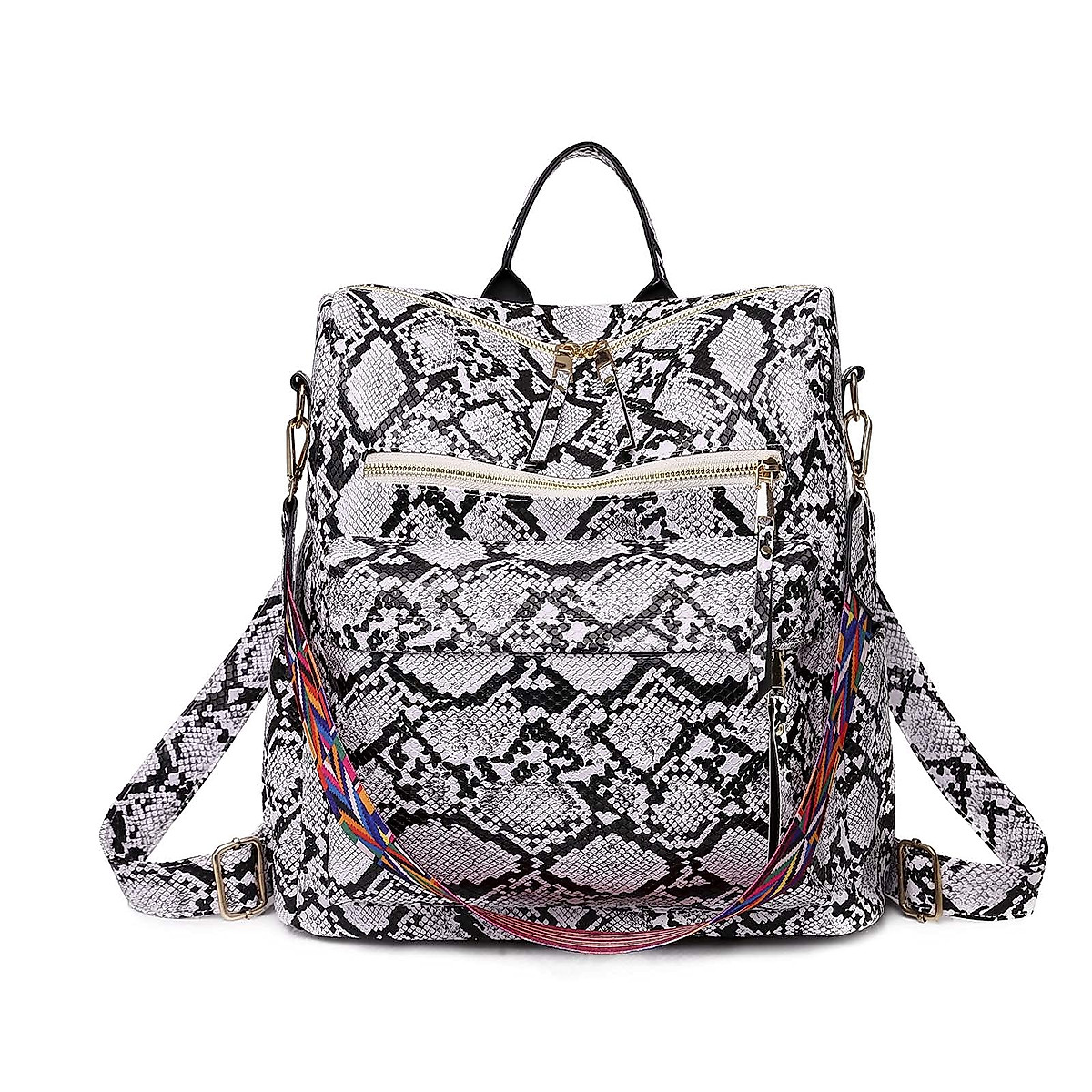 Vensivy Women's Snake Print Backpack Snakeskin Purse Handbag Shoulder Bag Casual Multipurpose Tote Travel Rucksack (White)