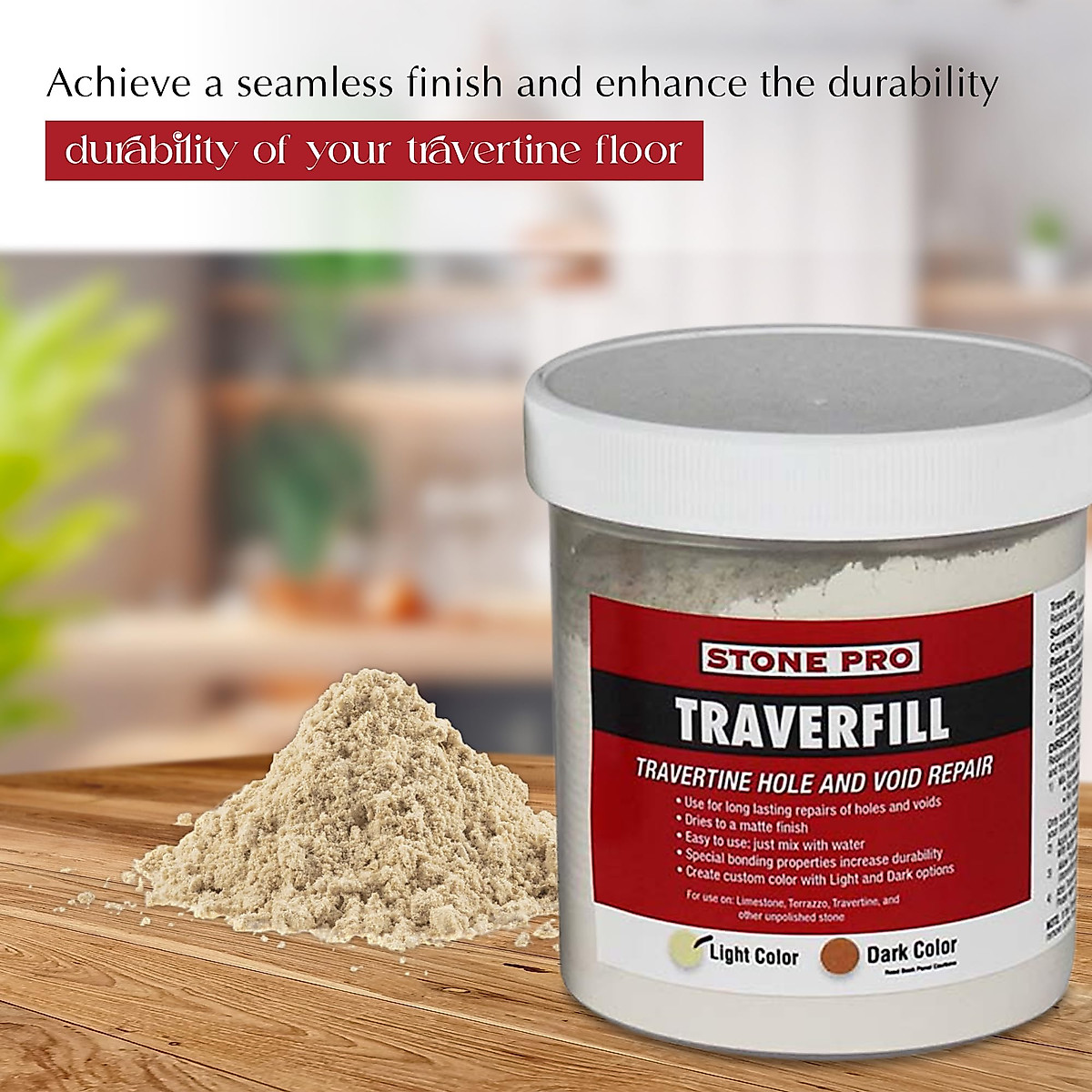 StonePro Traverfill - Travertine Repair - Fills Smalls pits, Holes & voids in Travertine & Limestone (Light 1 lb)
