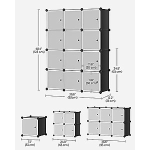 SONGMICS Cube Storage with Door, Set of 12 Plastic Cubes, Closet Storage Shelves, DIY Plastic Closet Cabinet, Modular Bookcase, Shelving with Doors for Bedroom, Living Room, Black and White ULPC34HV1