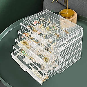 Weiai 90 Grids Adjustable Dividers Acrylic Jewelry Organizer, 5 Drawers Clear Jewelry Box Large Enough to Store Earrings Rings