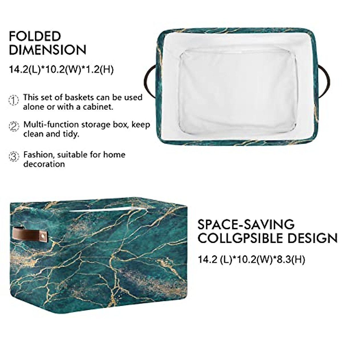 Kigai Collapsible Storage Basket with Handles, Gold Green Marble Canvas Fabric Storage Bins Toys Clothes Organizer for Bedroom, Nursery, Shelves, Closets (2PACK)