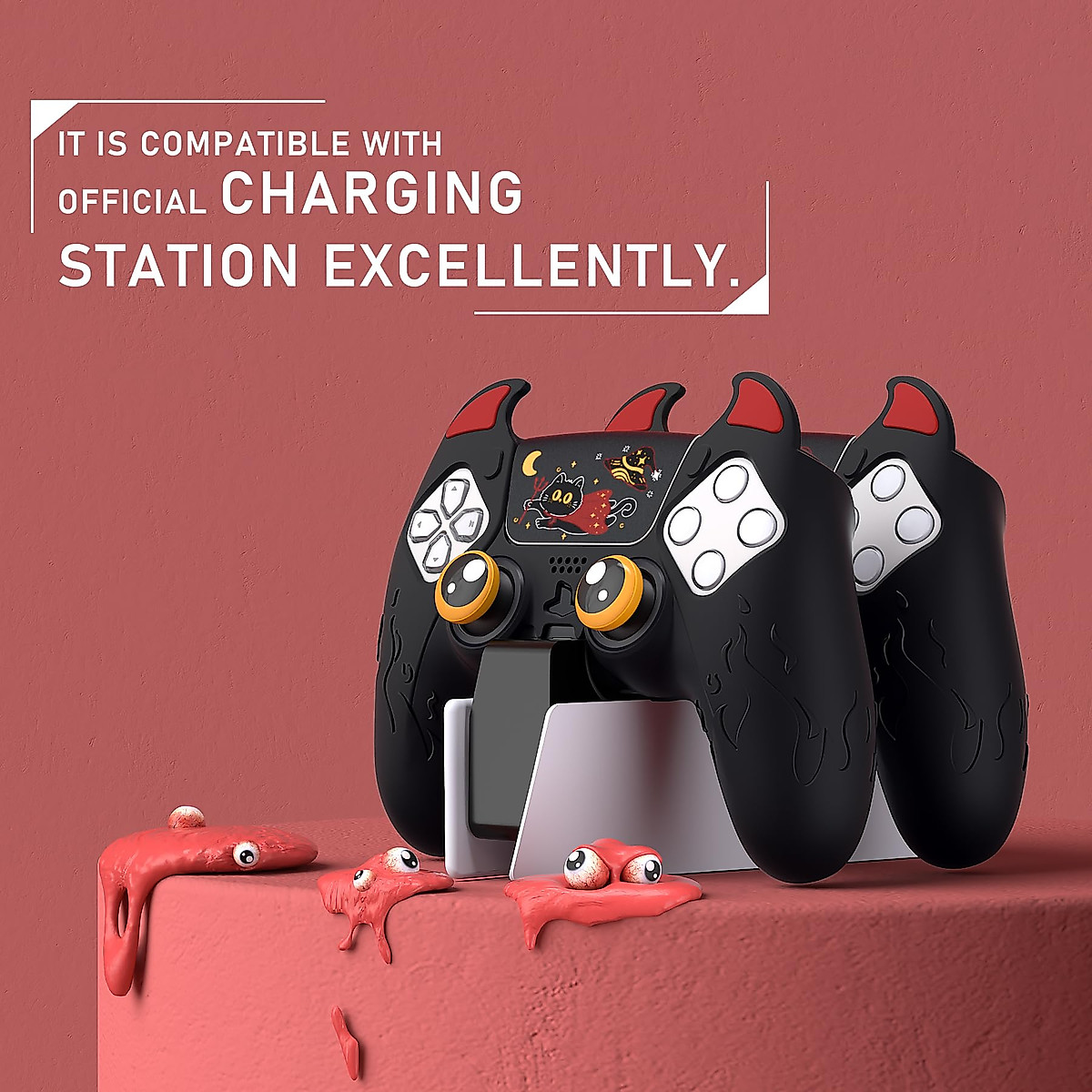 PlayVital Halloween Cute Demon Controller Silicone Case for ps5, Kawaii Controller Cover Gamepad Skin Protector for ps5 with Touch Pad Sticker & Thumb Grip Caps - Black