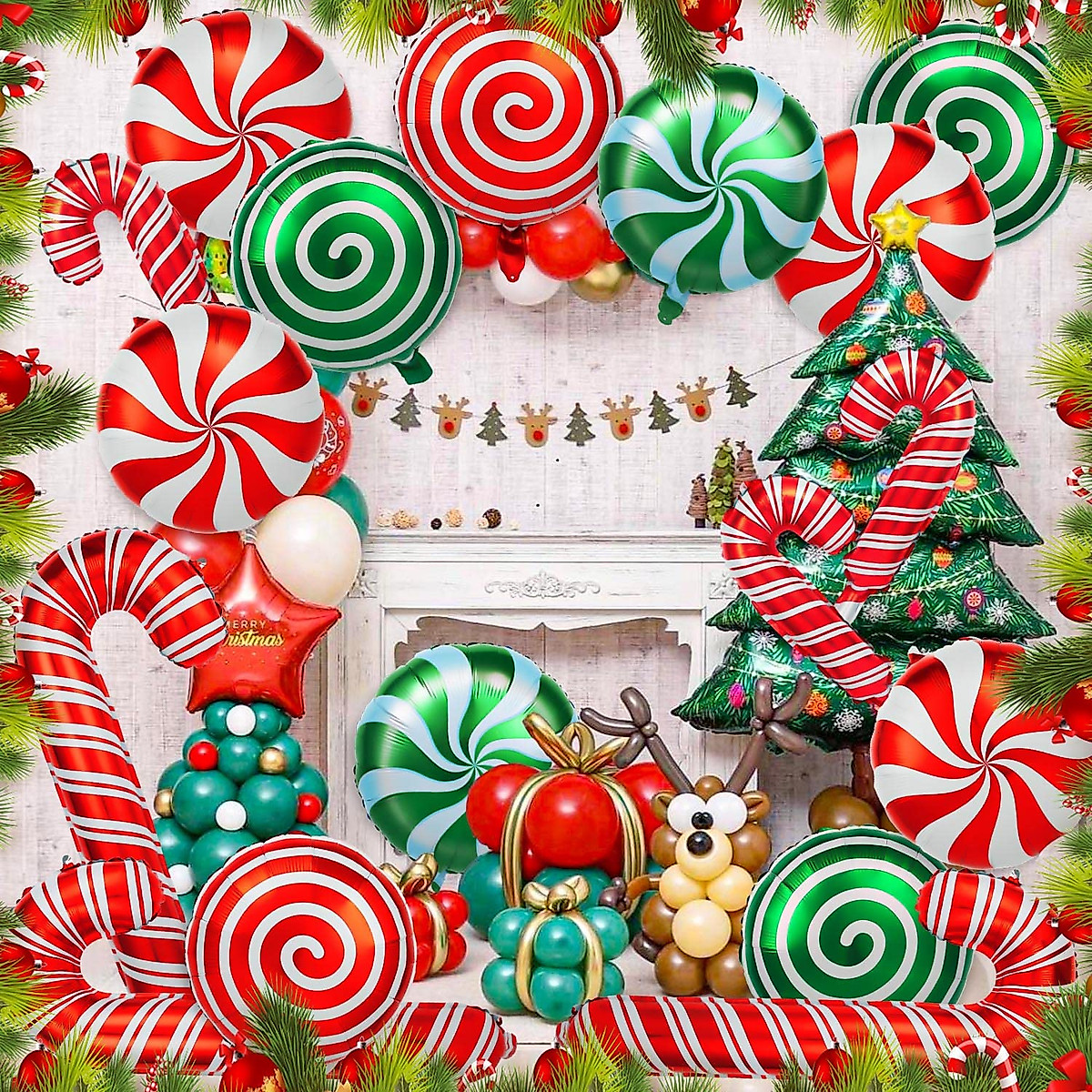 36 Pcs Christmas Candy Balloons Kit, Large Cane Swirl Candy Foil Balloons with 2 Pcs Ribbons, Red Green Mylar Sweet Candies Theme Balloons