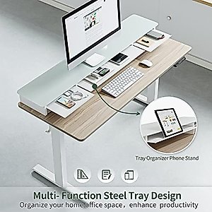 FEZIBO Electric Standing Desk with Glass Top Monitor Stand,55 x 26 Inch Adjustable Sit Stand Up Table with Double Drawer, Sit Stand Desk with Storage Shelf, White Frame/Light Walnut Top