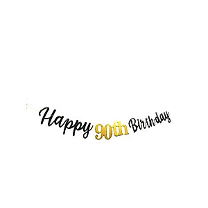 MEDIMQC Black Happy 90th Birthday Banner Sign Gold Glitter 90 Years Birthday Party Decorations Supplies Anniversary Celebration Backdrop Pre-Assembled (Black)