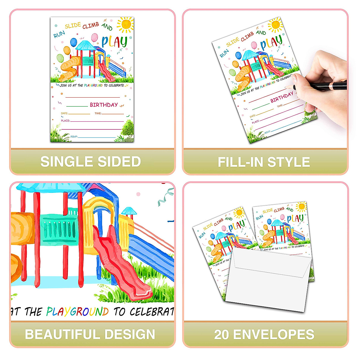 Foosproea Playground Birthday Invitations with Envelopes - Park Party Invitation Card for Kids - Playground Themed Fill-in Invites Cards - Outdoor Party Favors Decorations (20 Pack)-01