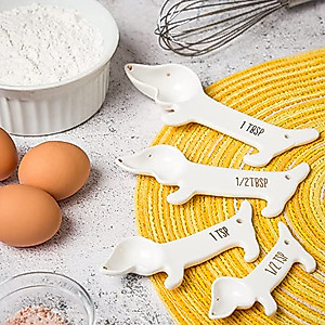 White Ceramic Dog Themed Kitchen Utensils: Measuring Cups and Spoons, Spoon Rest for Countertop - Cute Kitchen Accessories (Dog Measuring Spoons)