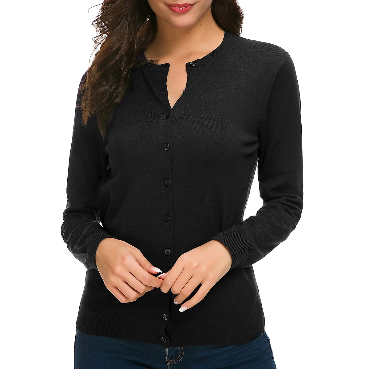 Urban CoCo Women's Long Sleeve Crew Neck Button Down Knit Cardigan Sweater (S, Black)